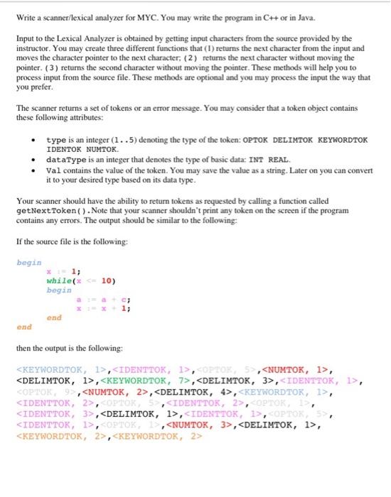 Solved Write a scanner/lexical analyzer for MYC. You may | Chegg.com