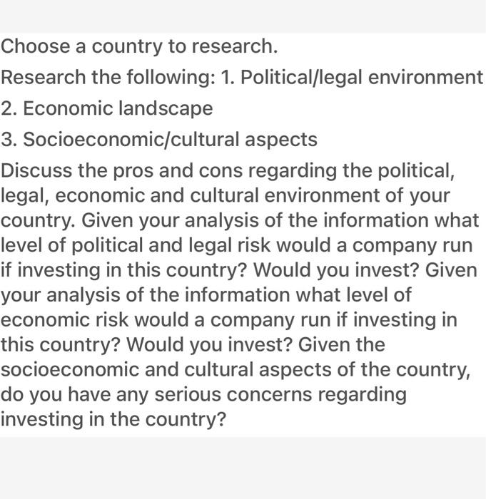 Solved Choose a country to research. Research the following: | Chegg.com