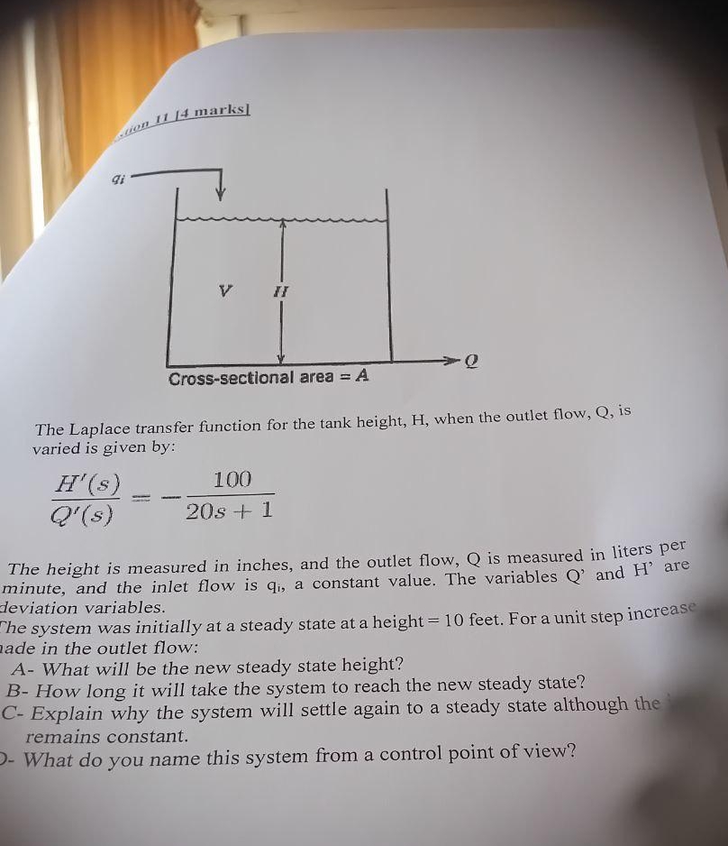 Solved The Laplace transfer function for the tank height, H, | Chegg.com