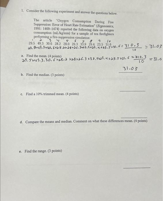 Solved 1. Consider the following experiment and answer the | Chegg.com