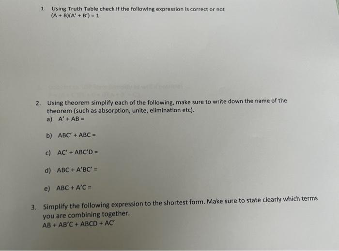 Solved 1. Using Truth Table check if the following | Chegg.com