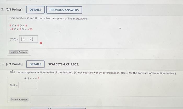 Solved Find numbers C and D that solve the system of linear | Chegg.com