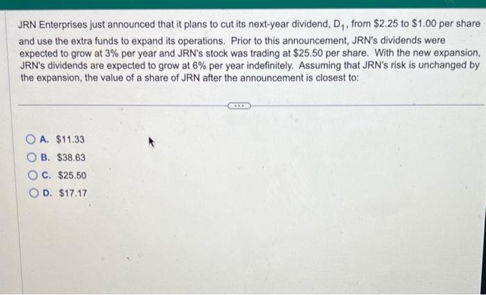 Solved JRN Enterprises just announced that it plans to cut | Chegg.com