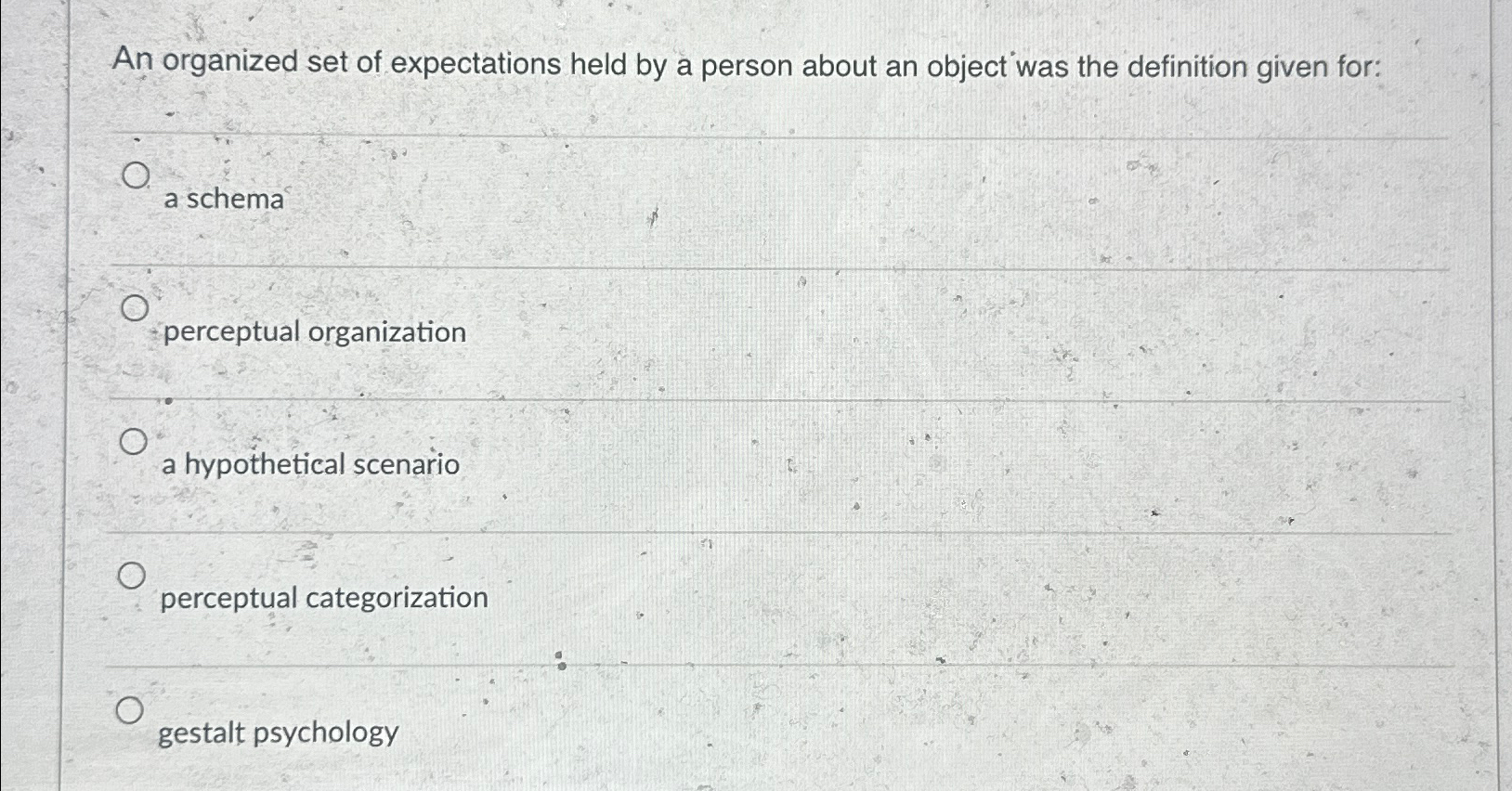 Solved An organized set of expectations held by a person | Chegg.com