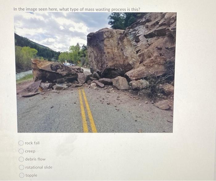 Solved In the image seen here, what type of mass wasting | Chegg.com