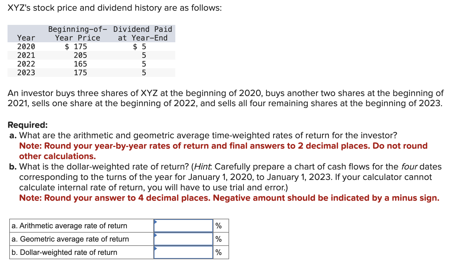 Solved XYZ's stock price and dividend history are as | Chegg.com