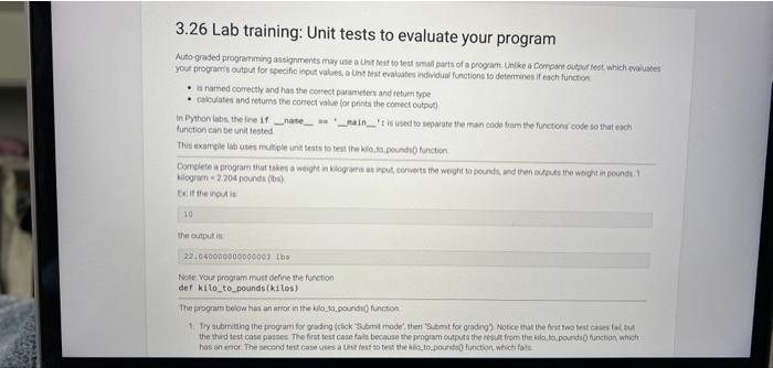 Solved 3.26 Lab training: Unit tests to evaluate your | Chegg.com