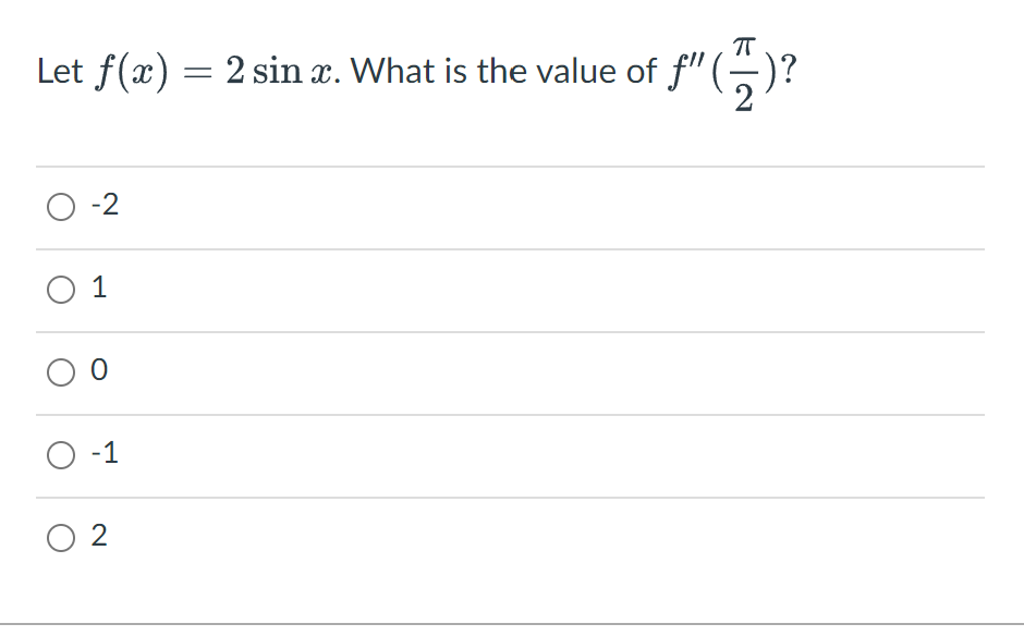 Solved Let f(x)=2sinx. ﻿What is the value of f''(π2)?-210-12 | Chegg.com