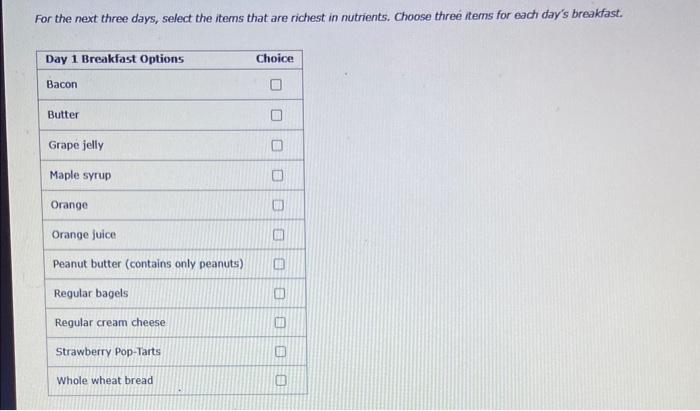 Solved For the next three days, select the items that are | Chegg.com