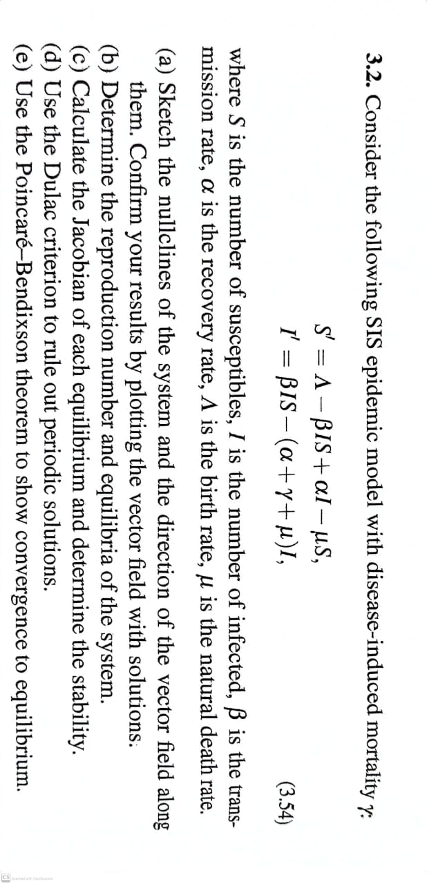 Solved 3.2. ﻿Consider the following SIS epidemic model with | Chegg.com