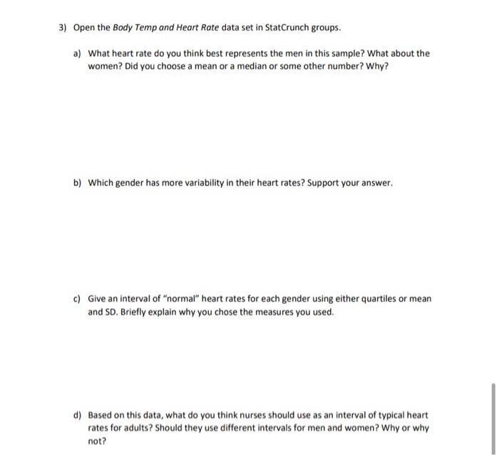 3) Open the Body Temp and Heart Rate data set in | Chegg.com