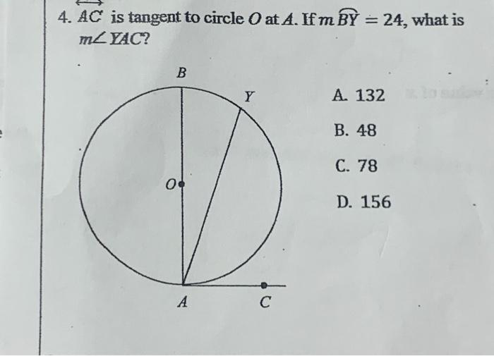 Solved 4. AC is tangent to circle O at A. If \( \overparen{B | Chegg.com