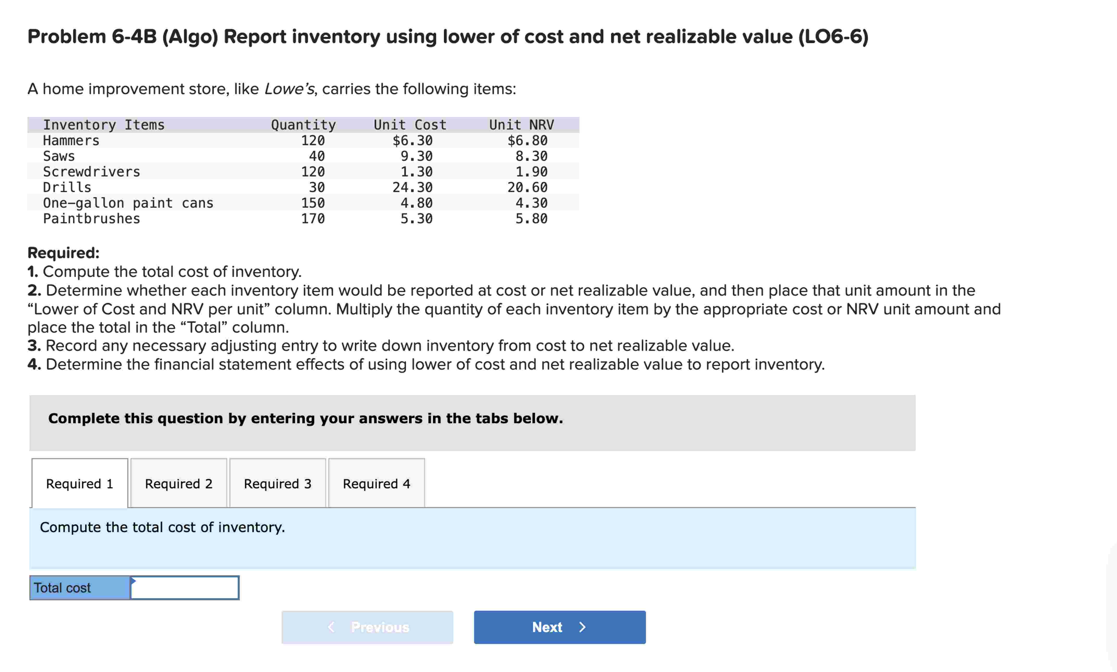 Solved Problem 6-4B (Algo) ﻿Report inventory using lower of | Chegg.com