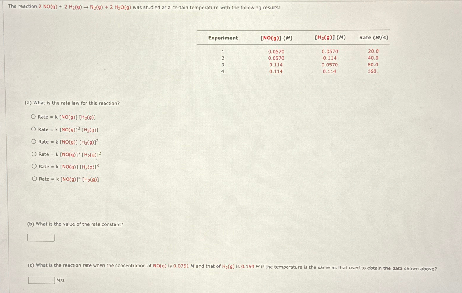 Solved The reaction 2NO(g)+2H2(g)→N2(g)+2H2O(g) ﻿was studied | Chegg.com