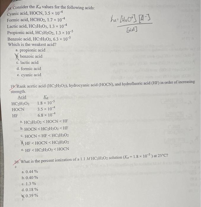 Solved 18. Consider the Ka values for the following acids: | Chegg.com