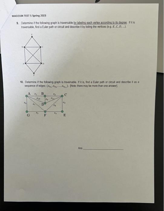 Solved 9. Determine if the following graph is traversable by | Chegg.com