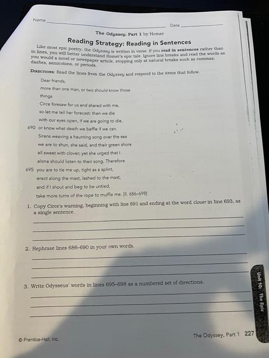 Name The Odyssey, Part 1 by Homer Build Grammar | Chegg.com