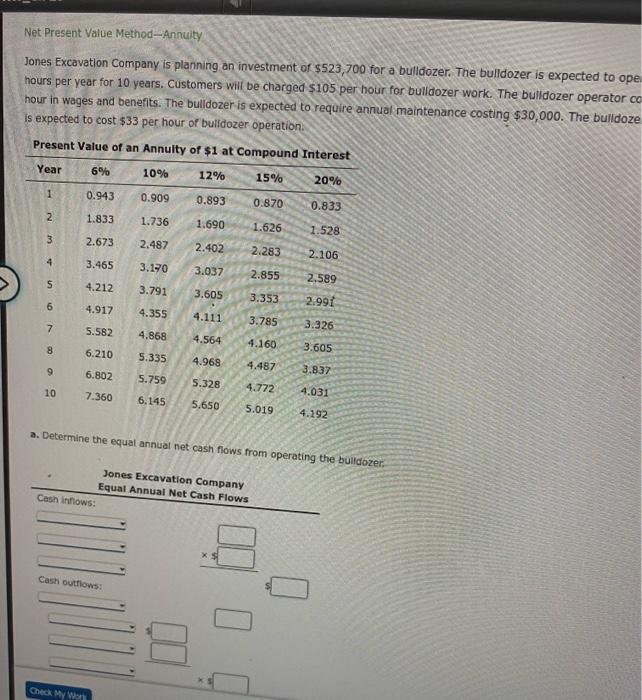 Solved Net Present Value Method-Annuity Jones Excavation | Chegg.com