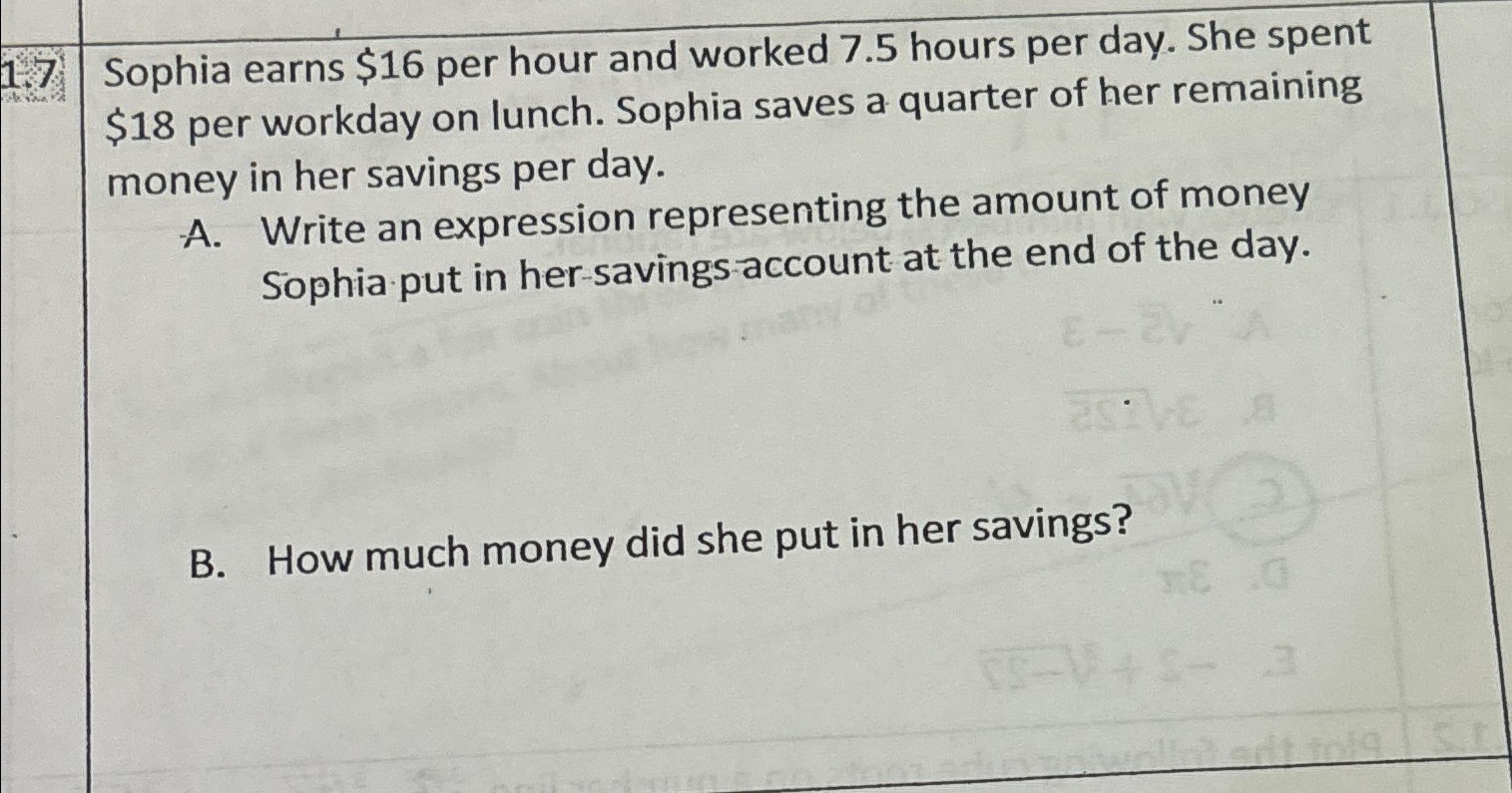 17 ﻿Sophia earns $16 ﻿per hour and worked 7.5 ﻿hours | Chegg.com