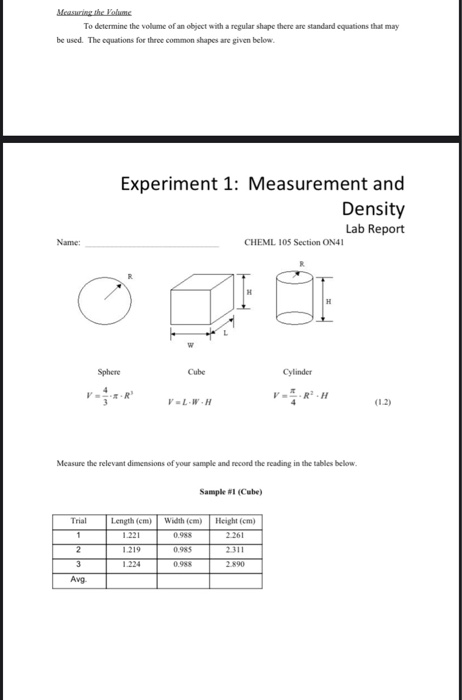 Solved Experiment 1: Measurement and Density Lab Report | Chegg.com