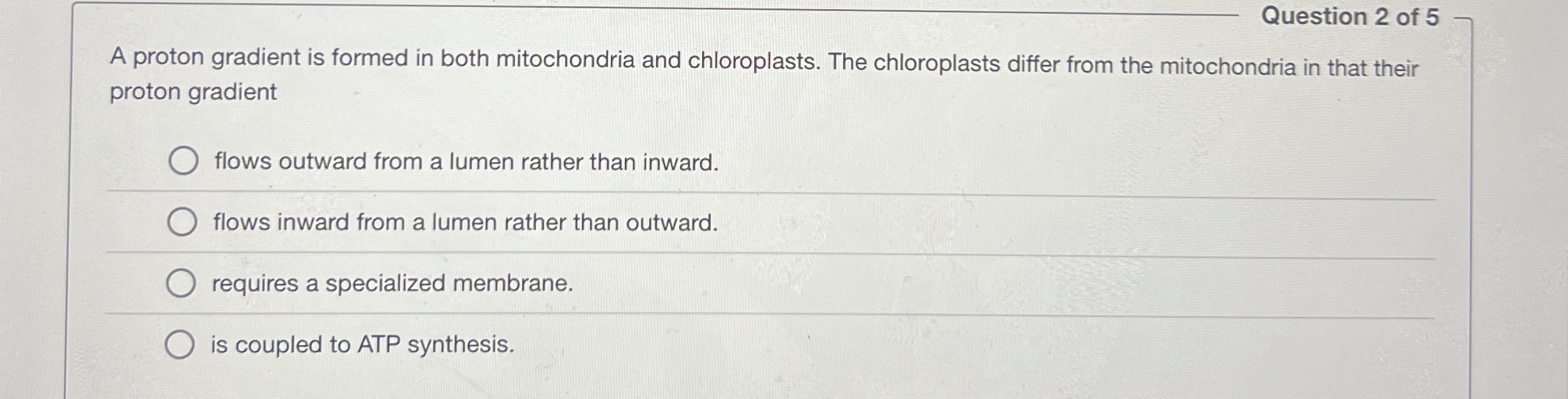 Solved Question 2 ﻿of 5A proton gradient is formed in both | Chegg.com