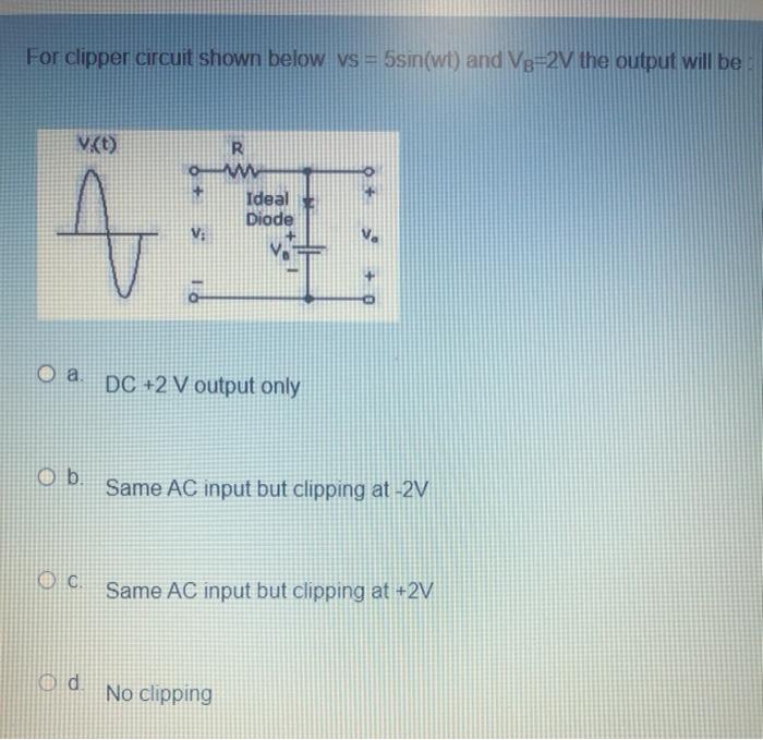 Solved For clipper circuit shown below vs = 6sin(wt) and | Chegg.com