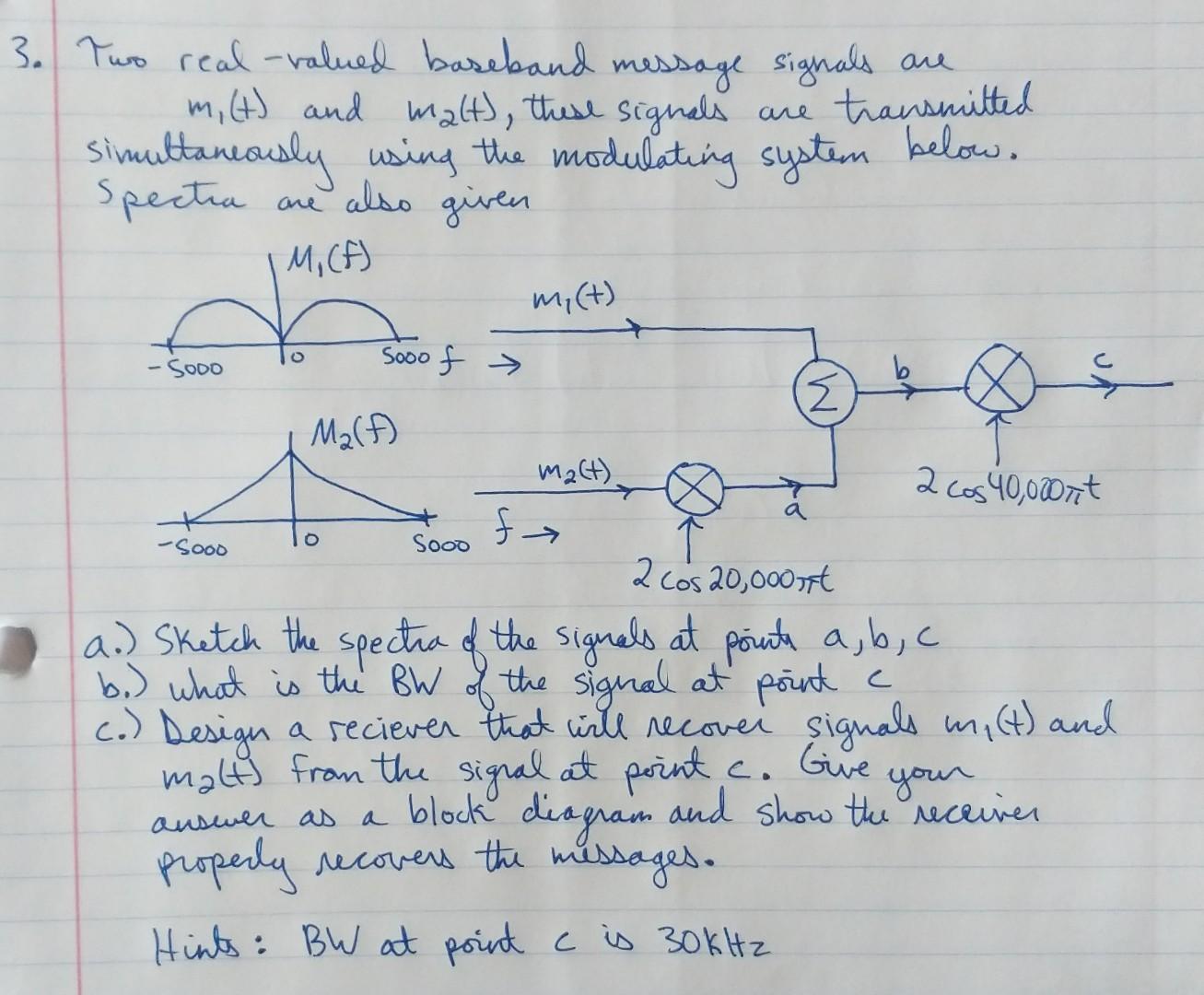 Solved 3. Two real -valued baseband message signals are m, | Chegg.com