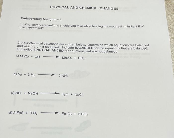 Solved PHYSICAL AND CHEMICAL CHANGES Prelaboratory | Chegg.com