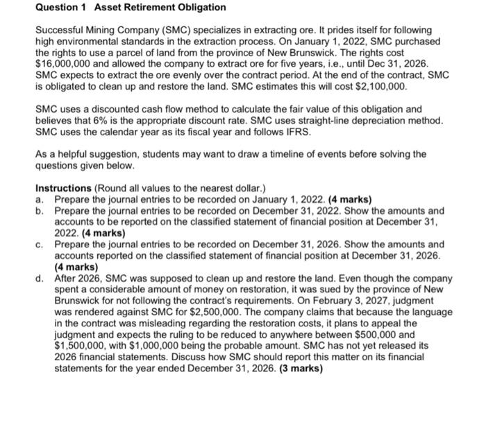 Solved Question 1 Asset Retirement Obligation Successful | Chegg.com