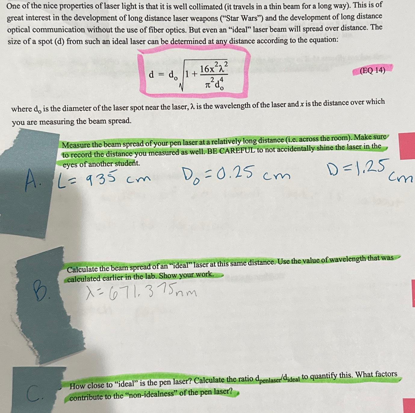 Solved A. ﻿Measure the beam spread of your pen laser at a | Chegg.com