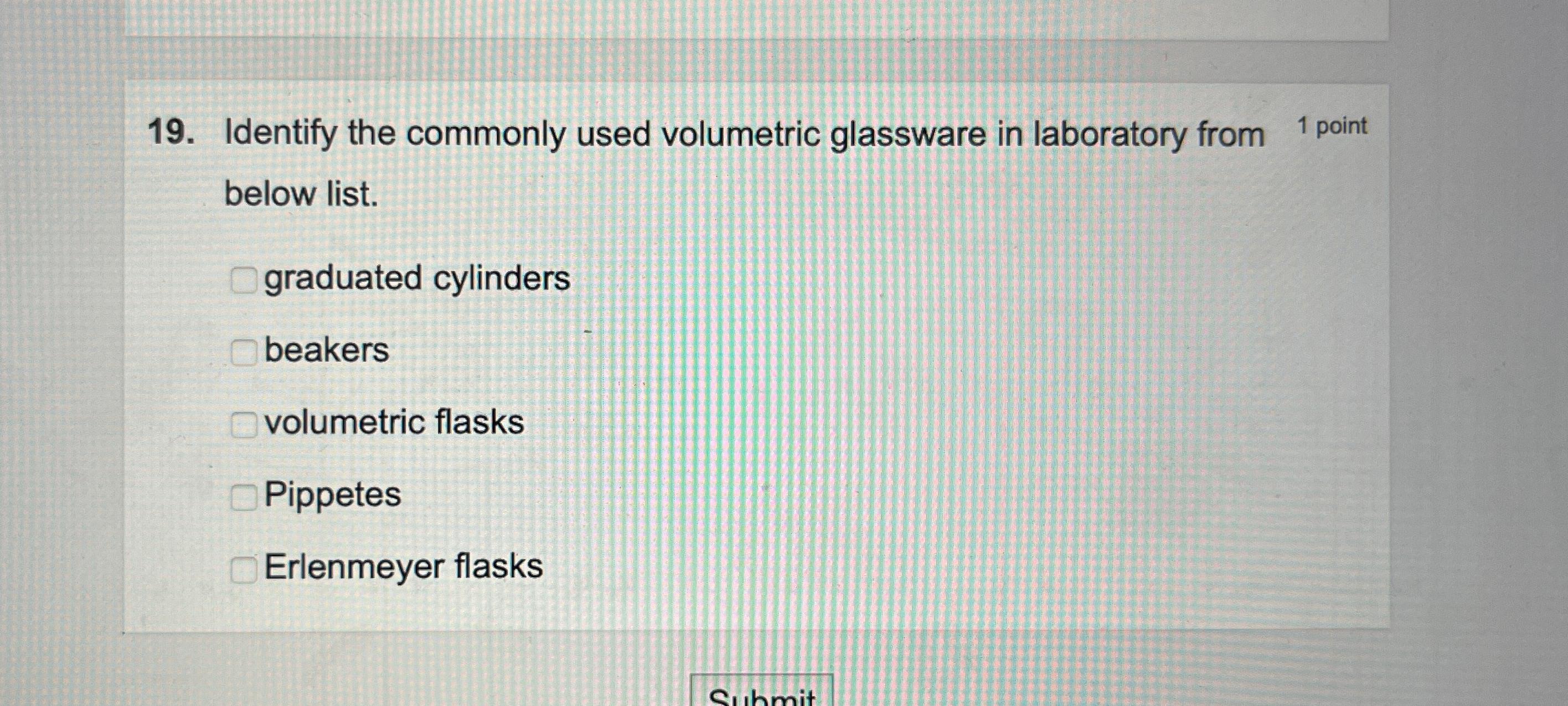 Solved Identify the commonly used volumetric glassware in | Chegg.com