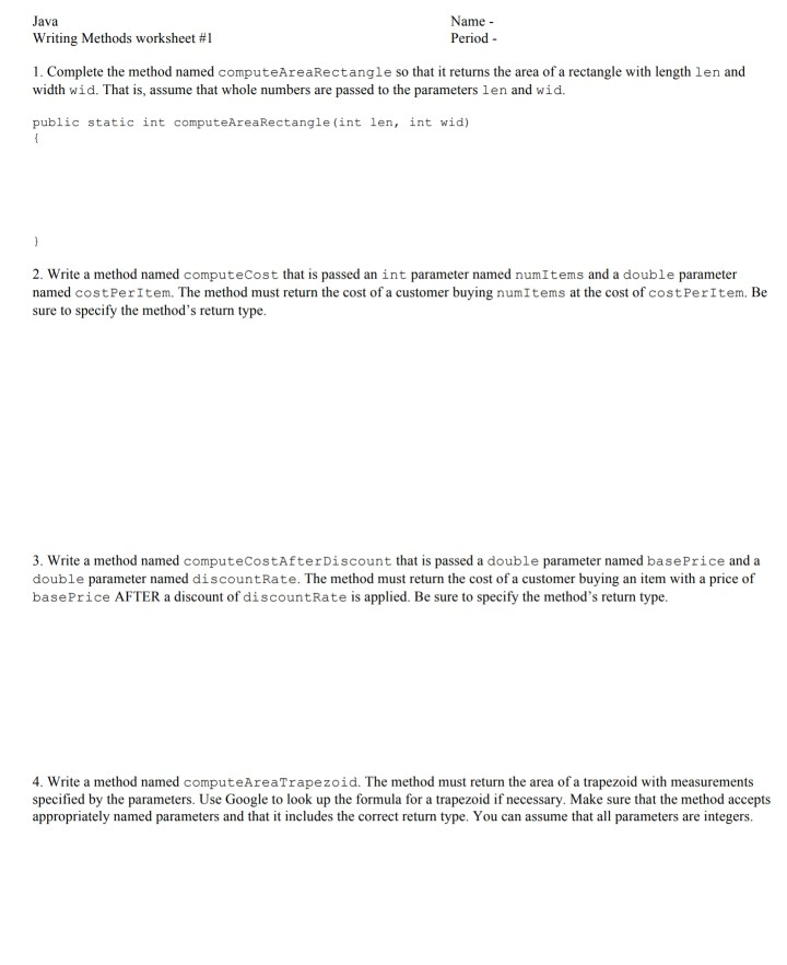 Solved Java Name - Writing Methods worksheet #1 Period - 1. | Chegg.com