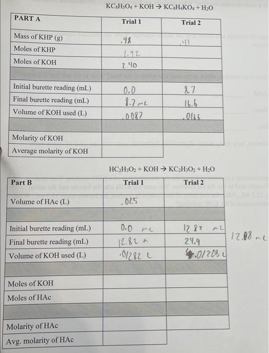 Solved KC8H5O4+KOH→KC8H4KO4+H2O HC2H3O2+KOH→KC2H3O2+H2O | Chegg.com