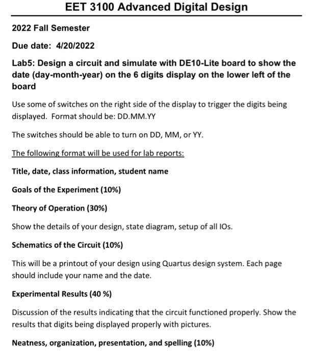 EET 3100 Advanced Digital Design 2022 Fall Semester | Chegg.com