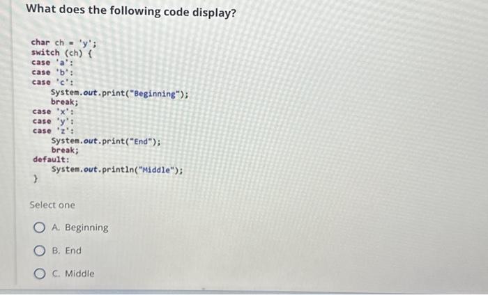 Solved What does the following code display? char ch = ' y | Chegg.com