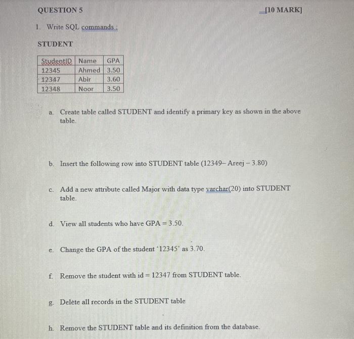 Solved QUESTIONS _[10 MARK] 1. Write SQL commands STUDENT | Chegg.com