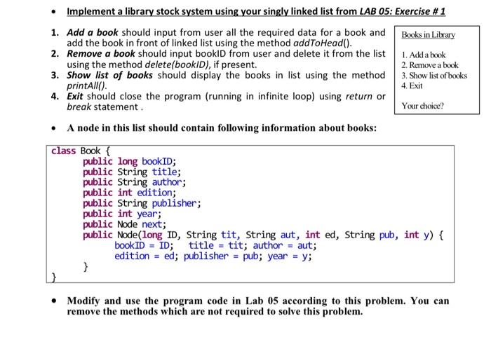Solved • Implement a library stock system using your singly | Chegg.com