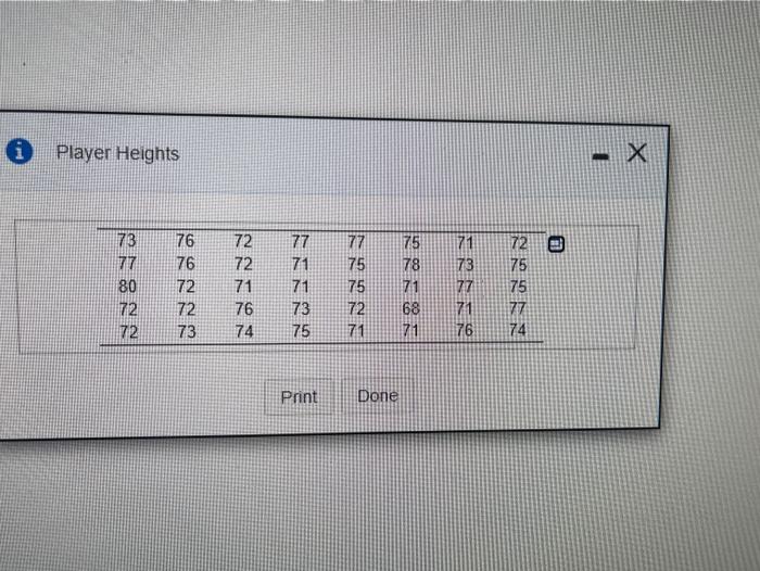 Solved The heights, in inches of a sample of 40 players on | Chegg.com
