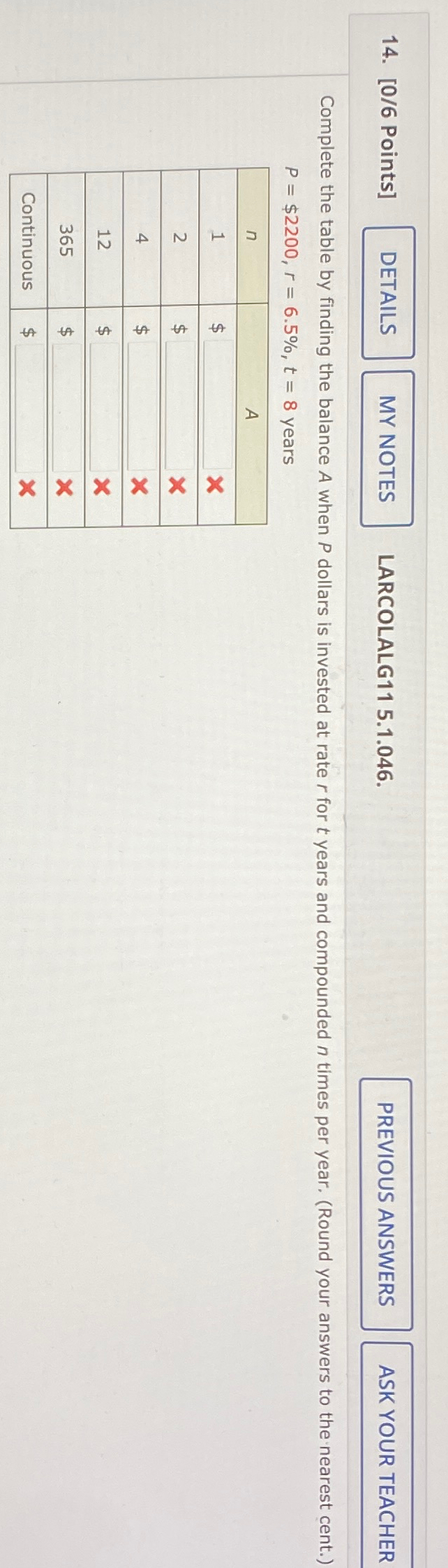 Solved [0/6 ﻿Points]LARCOLALG11 5.1.046.Complete the table | Chegg.com