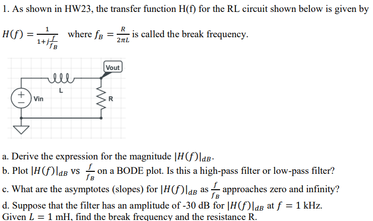 Solved the transfer function H(f) ﻿for the RL circuit shown | Chegg.com