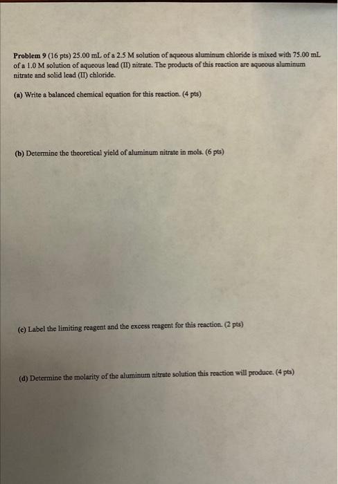 Solved Problem 9(16 pts )25.00 mL of a 2.5M solution of | Chegg.com