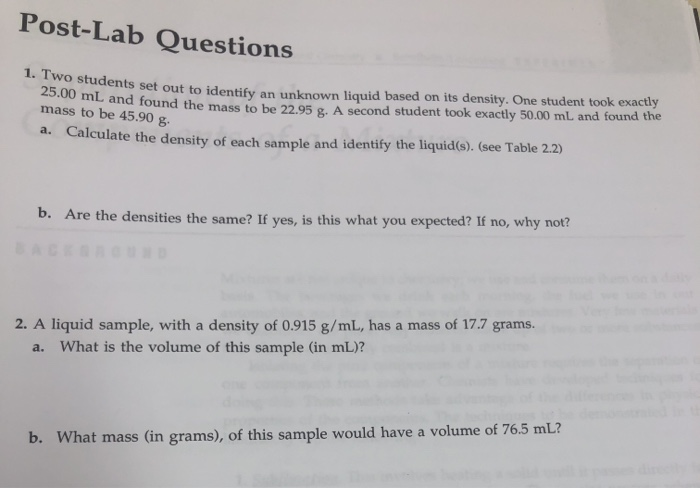 Solved Post-Lab Questions 1. Two students set out to | Chegg.com
