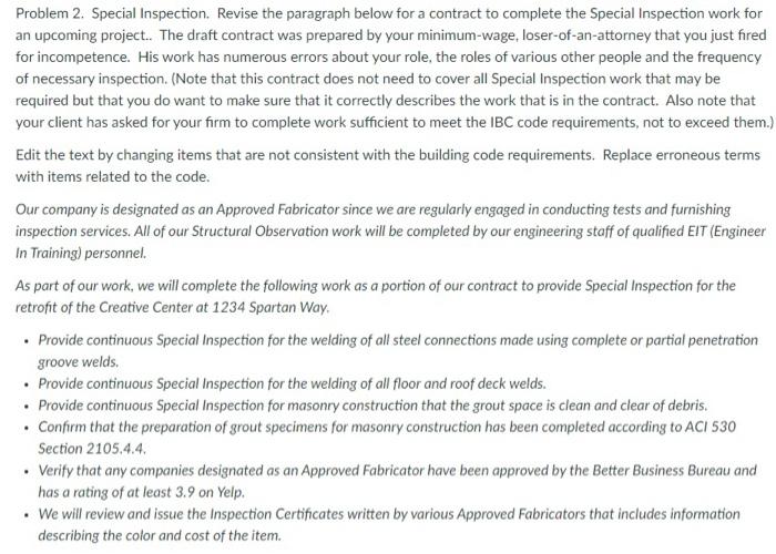 Solved Problem 2 Special Inspection Revise The Paragraph 