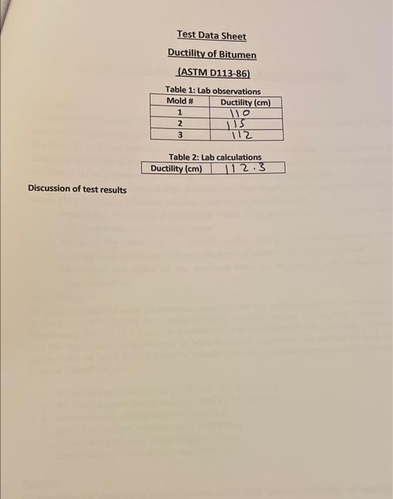 Solved Test Data Sheet Ductility of Bitumen (ASTM D113-86) | Chegg.com