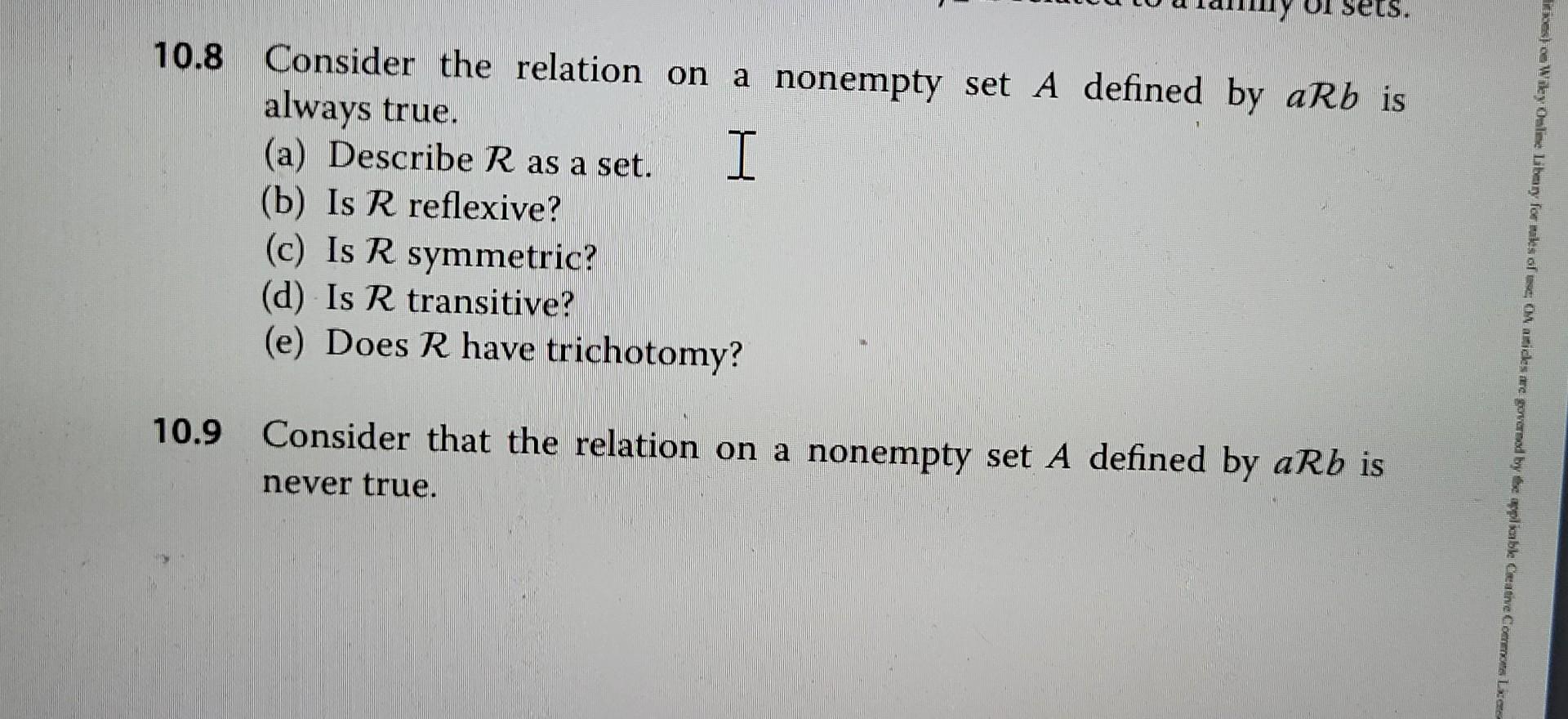 Solved 10.8 Consider the relation on a nonempty set A | Chegg.com