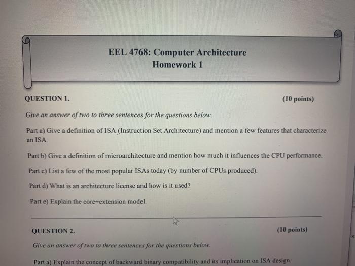 Solved EEL 4768: Computer Architecture Homework 1 QUESTION | Chegg.com