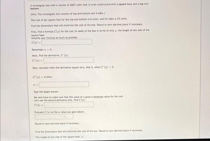 Solved q13the lenght of one side of the square base x = the | Chegg.com