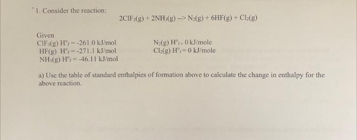 1. Consider the reaction: 2ClF3( g)+2NH3( g)→N2( | Chegg.com