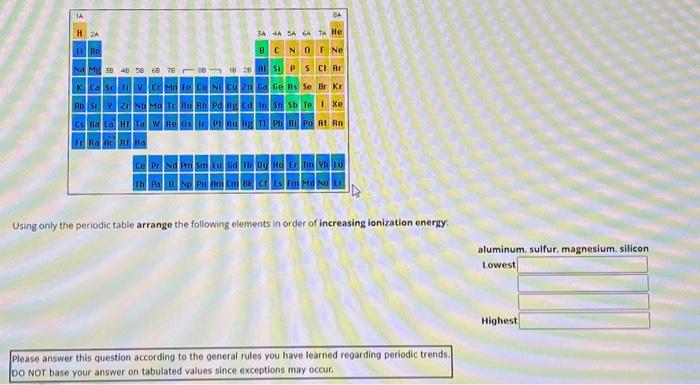 Solved Using only the periodic table arrange the following | Chegg.com