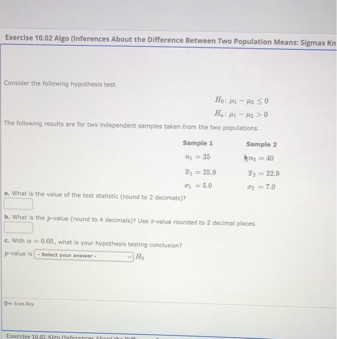 Solved Exercise 10.02 Algo (Inferences About the Difference | Chegg.com
